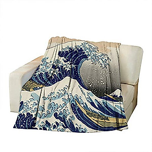 Moslion Soft Cozy Throw Blanket Japanese The Great Wave Off Kanagawa Pattern Fuzzy Warm Couch/Bed Blanket for Adult/Youth Polyester 50 X 60 Inches(Home/Travel/Camping Applicable)