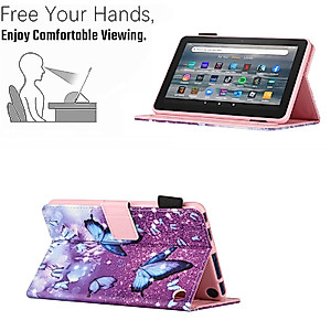 YUNHOTIC Case for All-New Amazon Fire HD 8 & 8 Plus (12th/10th Generation, 2024/2022/2020 Release), Pen Holder, Premium PU Leather Stand Cover with Smart Auto Wake/Sleep, Butterfly