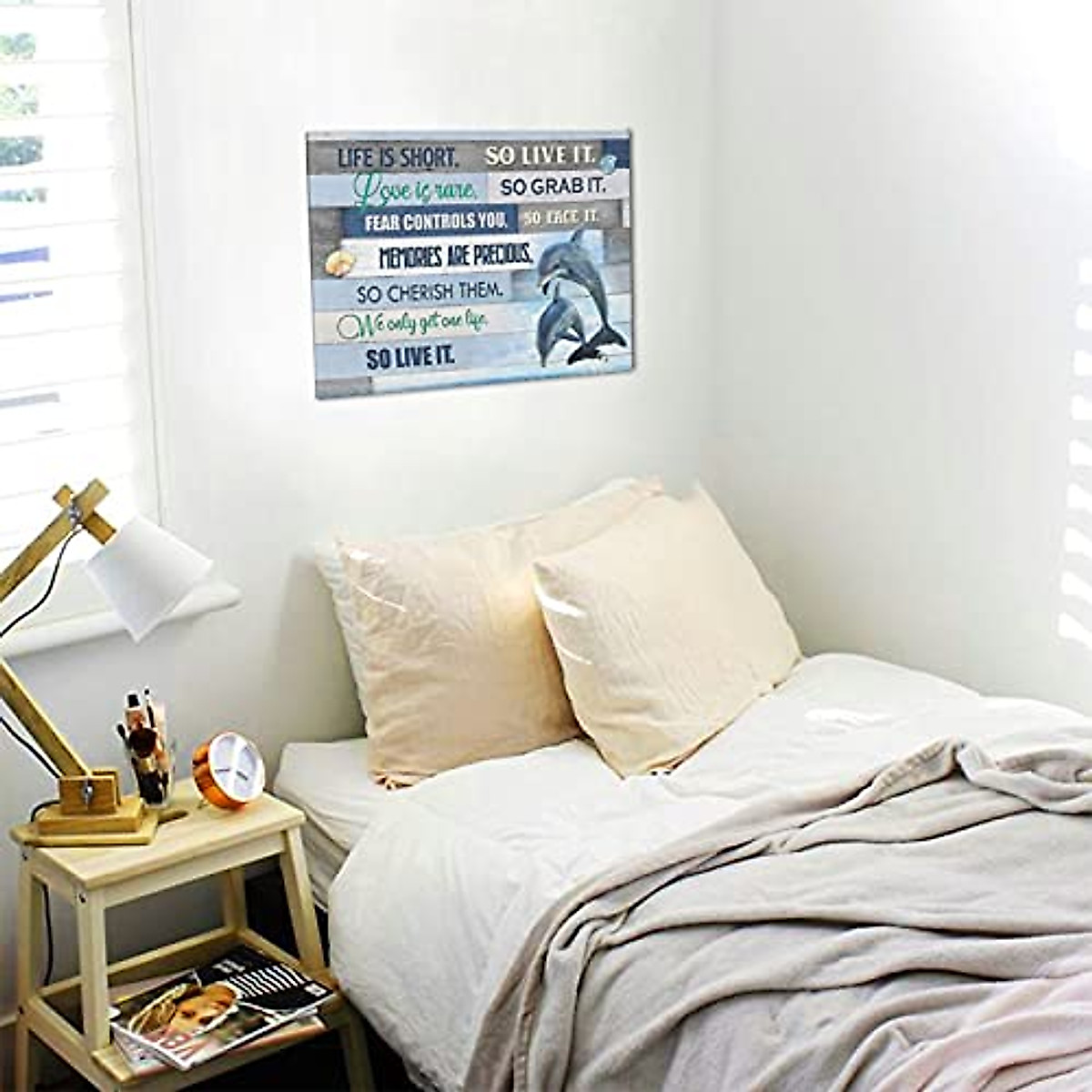 Dolphins Bathroom Decor Wall Art Beach Shell Themed Blue Ocean Animal Pictures Canvas Print Nautical Decor Artwork Life Inspirational Quotes Painting Framed Decoration for Living Room Bedroom12x16inch