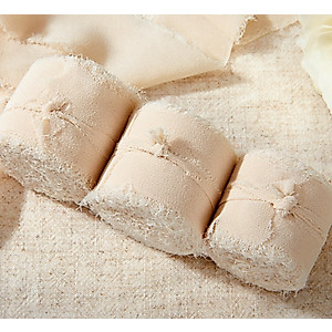 JEDIA Chiffon Ribbon, 3 Rolls Champagne Beige Handmade Fringe Chiffon Silk Ribbons, 1.5" x 7Yd Chiffon Ribbon Set for Gift Wrapping, Wedding Invitations, Bouquet Wrap, Bridal Bouquets, DIY Crafts