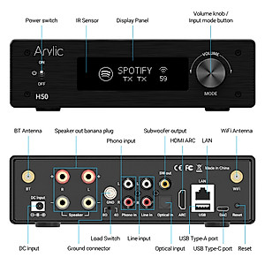 Arylic Hi-Fi Multiroom WiFi Amplifier with Bluetooth aptX HD, HDMI ARC, AirPlay 2 & Spotify Streaming for Wireless Home Music .Support 192Khz/24bits Music Transmission & Reception.50W*2 Amplifier- H50