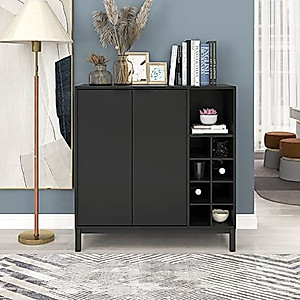 Merax Wood Kitchen Buffet Sideboards, Console Table, Coffee Bar with 8 Wine Racks Storage Server Dining Room, 34 Inch, Black