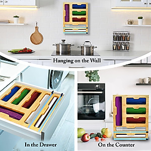 Bamboo 6 in 1 Food Storage Bag Organizer for Kitchen Drawer Baggie Container Dispenser Food Storage Bag Holder for Sandwich - Nuts, Cookies & Snack Variety Size Bags, Compatible with Ziploc,Gallon