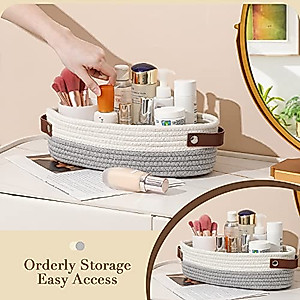 Lewondr Woven Storage Basket with Leather Handles, Small Cotton Rope Basket for Toilet Tank Top, Farmhouse Decor Basket for Bathroom Bedroom Laundry Countertop Storage Paper Towel Toy, White + Gray