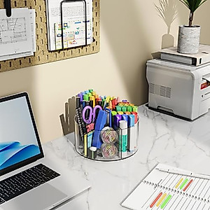 Mefirt Acrylic Pen Holder, Large 360 Degree Rotating Pen Organizer, Rotating Desk Organizer Acrylic Office Organizer with 6 Compartments, Marker Organizer Kid Crayon Caddy Art Supply Storage Organizer