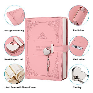 JiaoJiRen Heart-Shaped Lock diary with pen,A5 Size Soft PU Leather Locking Journal Personal Planner Writing Notebook Secret Notebook Gift for Adults,kids,Writers girls&women.(Pink).