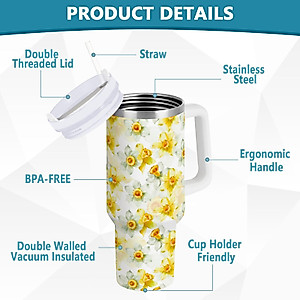 Yellow Daffodils Narcissus Tumbler with Handle and Straw Lid, Watercolo Garden Flowers 30 oz Insulated Coffee Cup Stainless Steel Water Bottle Travel Mug Cupholder Friendly,Gifts for Women Men