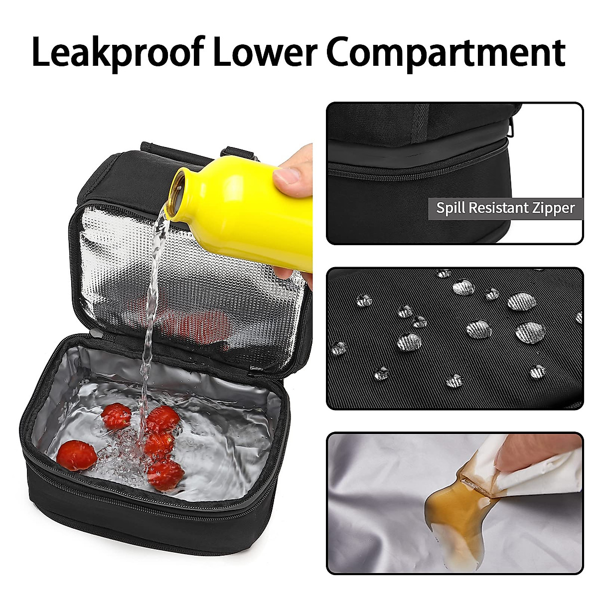 SUNNY BIRD Small Insulated Rolltop Lunch Box Women, Expandable Bento Cooler Bag Reusable for Adult Men (Black, Medium)