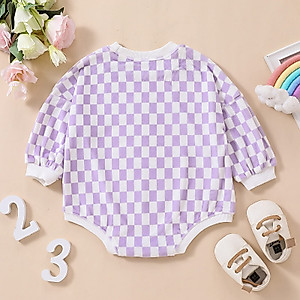 Kayotuas Baby Neutral Clothes Checkerboard Crewneck Sweatshirt Romper Oversized Long Sleeve Plaid Bubble Bodysuit (Purple,6-12 Months)