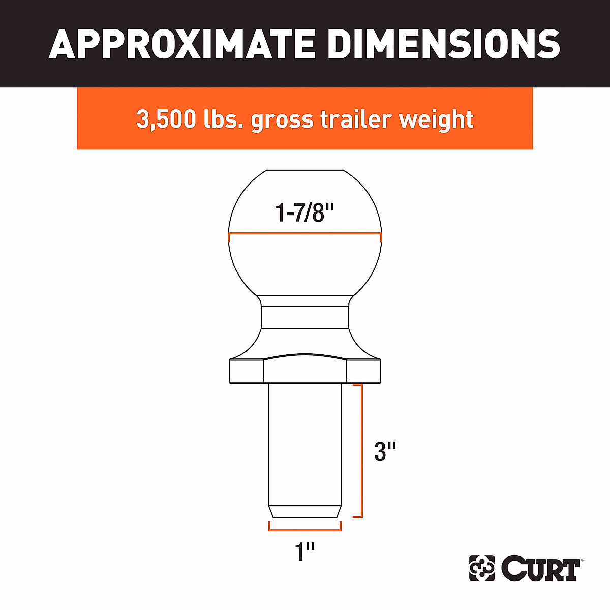 CURT 40072 Chrome Trailer Hitch Ball, 3,500 lbs, 1-7/8-Inch Diameter, 1 x 3-Inch Shank