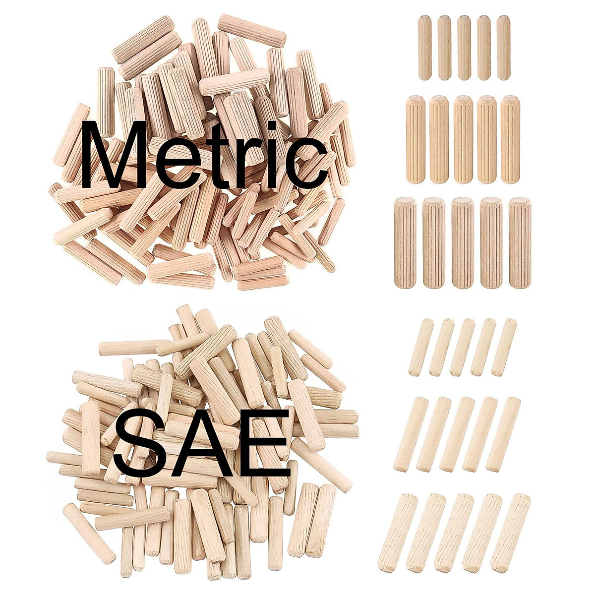 Hilitchi 900Pcs 6mm 8mm 10mm L Fluted Wood Dowel Pins & 1/4” 5/16” 3/8" L Fluted Wood Dowel Pins