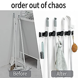 BOTAOSS Mop and Broom Holder Wall Mount, Broom Organizer Wall Mounted, Plastic Storage Organizer Hooks, for Home, Kitchen, Garden, Garage, Laundry(4 Racks 5 Hooks) (Black)