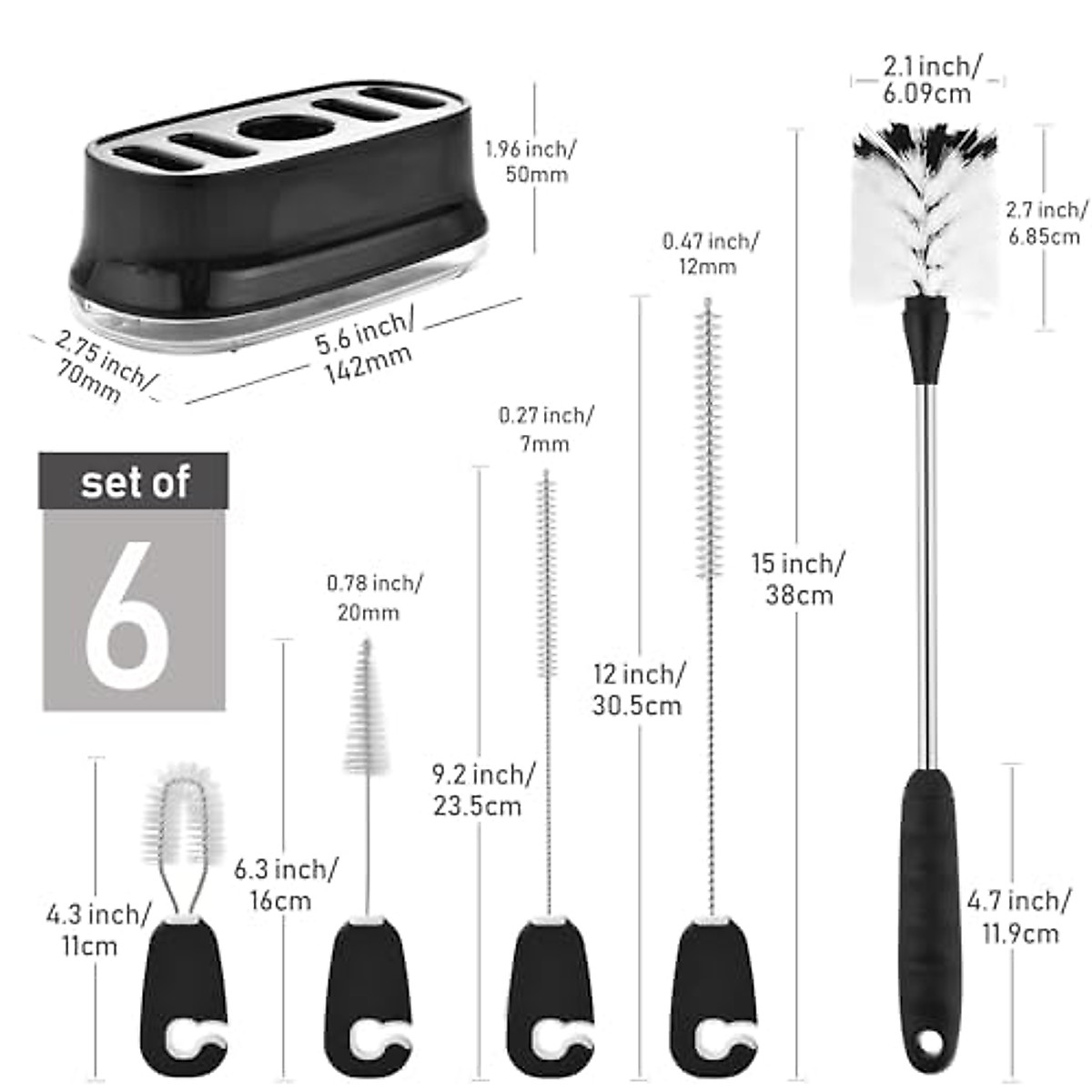 ALINK 5 Pack Water Bottle Brush Cleaning Set with Holder, Bottle Cleaner with Stand, Straw Brush, Nipple Brush, Lid Brush for Stanley 40OZ/30OZ Tumblers, Drinking Glass, Baby Bottles, Jugs - Black