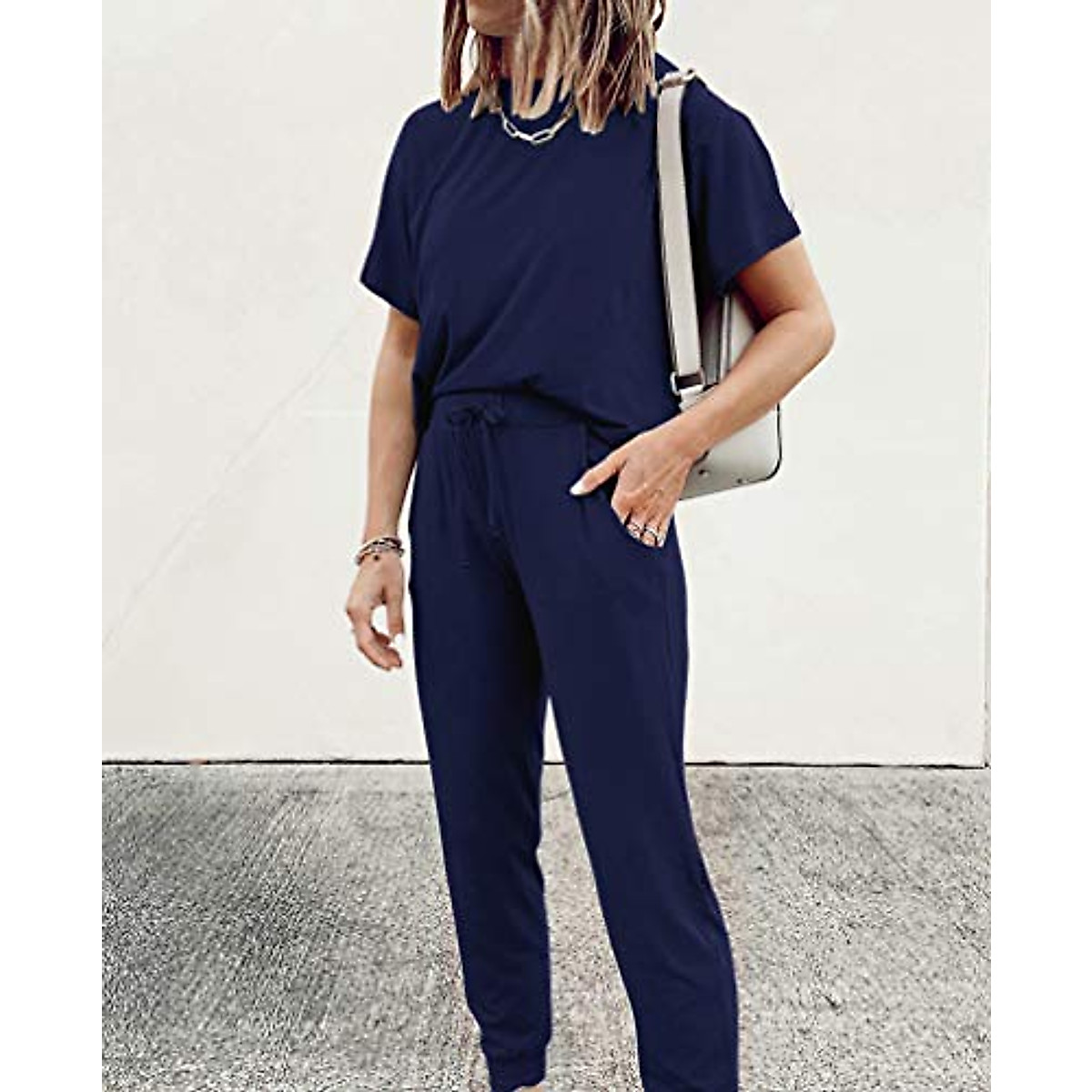 PRETTYGARDEN Women's Two Piece Outfit Short Sleeve Pullover with Drawstring Long Pants Tracksuit Jogger Set (Navy,Large)