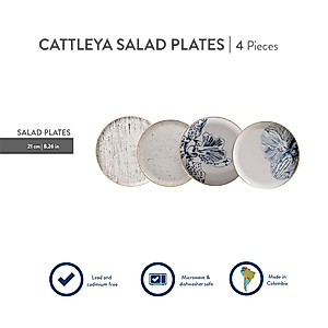 Corona 4 Salad plates Set |Cattleya 8.26 in - 21 cm | Service for 4 | Ceramic | Floral design | Set 4 platos ensalada |Cerámica