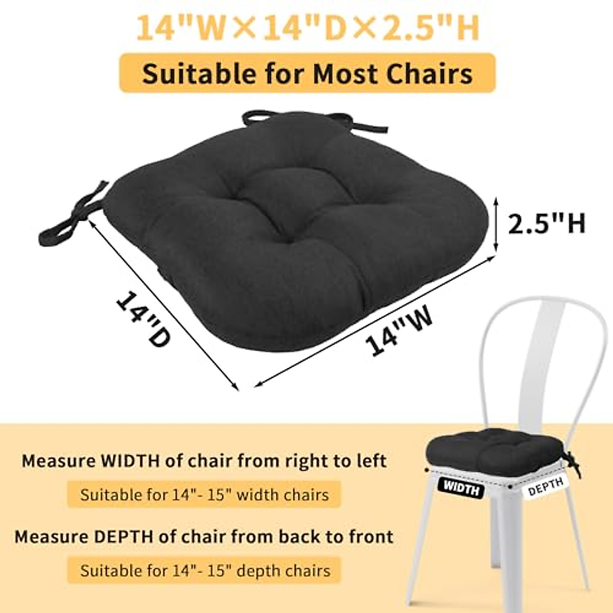 Detiblue Kitchen Counter Barstool Cushions Set of 2, 14"x14" Dinning Chair Cushions with Ties, Tufted Bar Stool Cushions for Indoor Dining Chair, Kitchen Stools, Barstools - Black