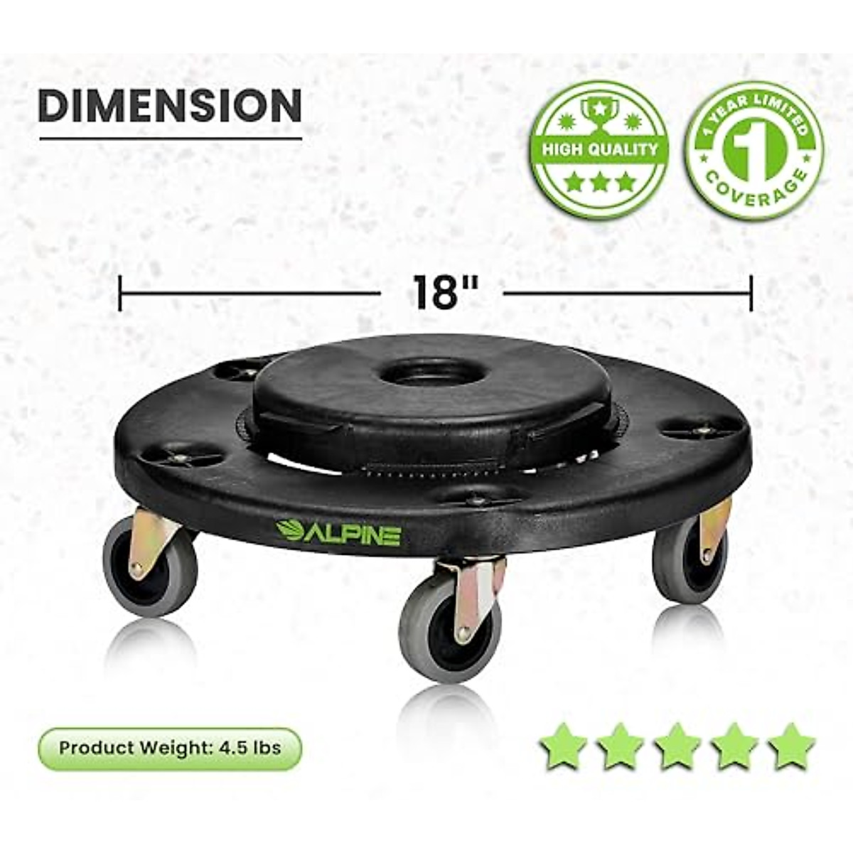 Alpine Rolling Brute Trash Can Dolly - Trash Can Dolly with Wheels/Trash Can Roller Base for Round 20, 32, 44, or 55 Gallon Garbage Bins, Heavy Duty Holds Up to 500lbs (Black)