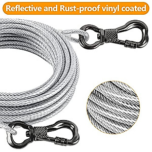 Tresbro 15FT Reflective Dog Tie Out Cable for Dogs Up to 250 Pounds, Steel Wire Dog Leash Cable with Stainless Rotatable Buckle, Lightweight and Durable, Dog Chains Outside for Outdoor,Yard,Camping