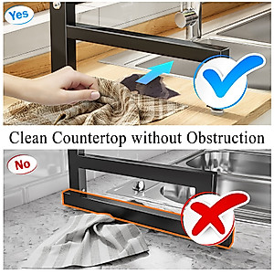 Over The Sink Dish Drying Rack, 3 Tier Dish Drying Rack Auto-Drain Expandable (19.9 to 34 inch) Kitchen Counter Dish Drainer Rack with Metal Steel Utensil Cup Holder Sink Caddy, Black