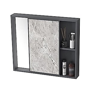 Aluminum Bathroom Mirror Cabinet, Left and Right Sliding Door Wall Storage Cabinet, HD Waterproof Silver Mirror, No Hole Punching, Toilet Hidden Mirror Cabinet (Color : Dark Gray, Size : 60x10x55cm