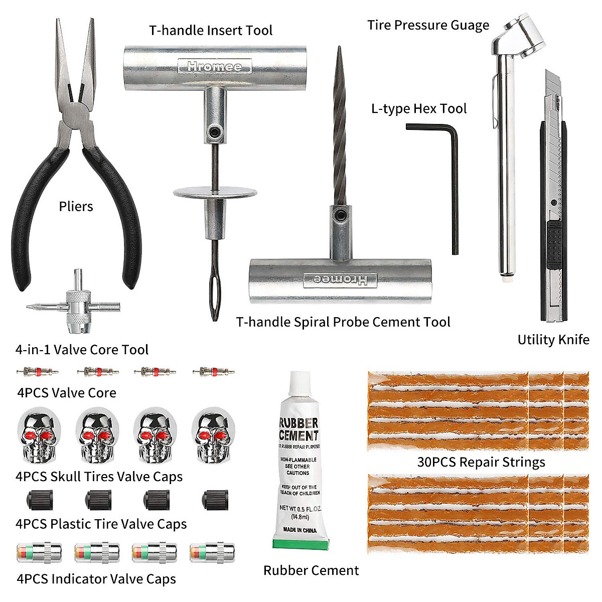 Hromee 56 Pieces Tire Repair Tools Kit for Car, Trucks, Motorcycle, ATV, RV Universal Emergency Flat Tire Puncture Repair Patch Set with Portable Bag