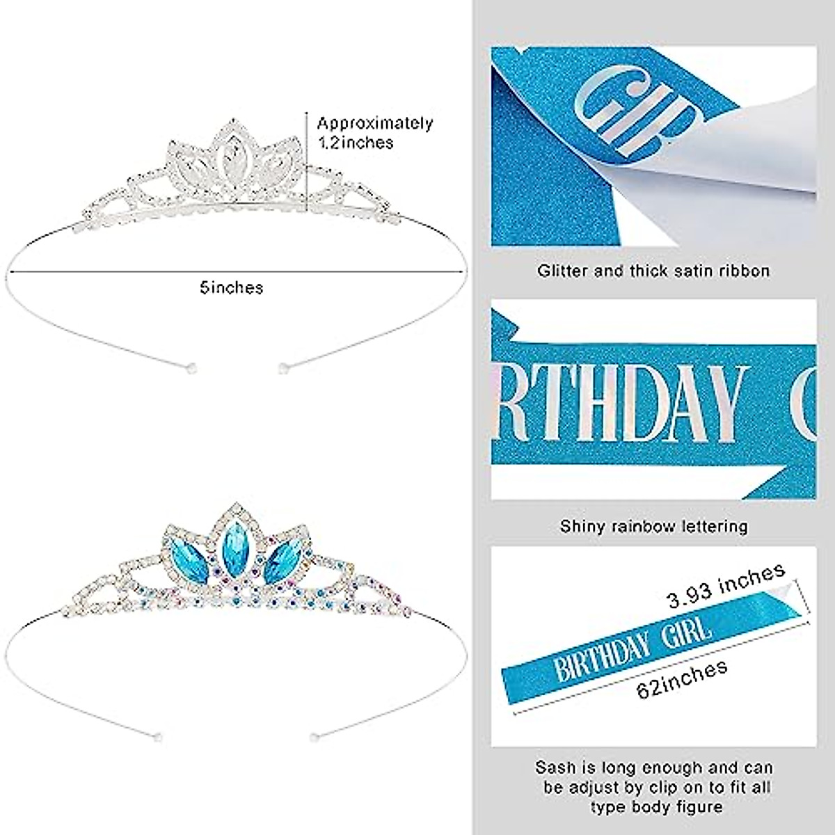 SuPoo Tiaras for Girls Birthday Crown Blue Birthday Girl Sash Princess Crown Birthday Girl Headband Crystal Birthday Tiara with Comb Crown for Girls Rhinestone Happy Birthday Accessories Gift Set