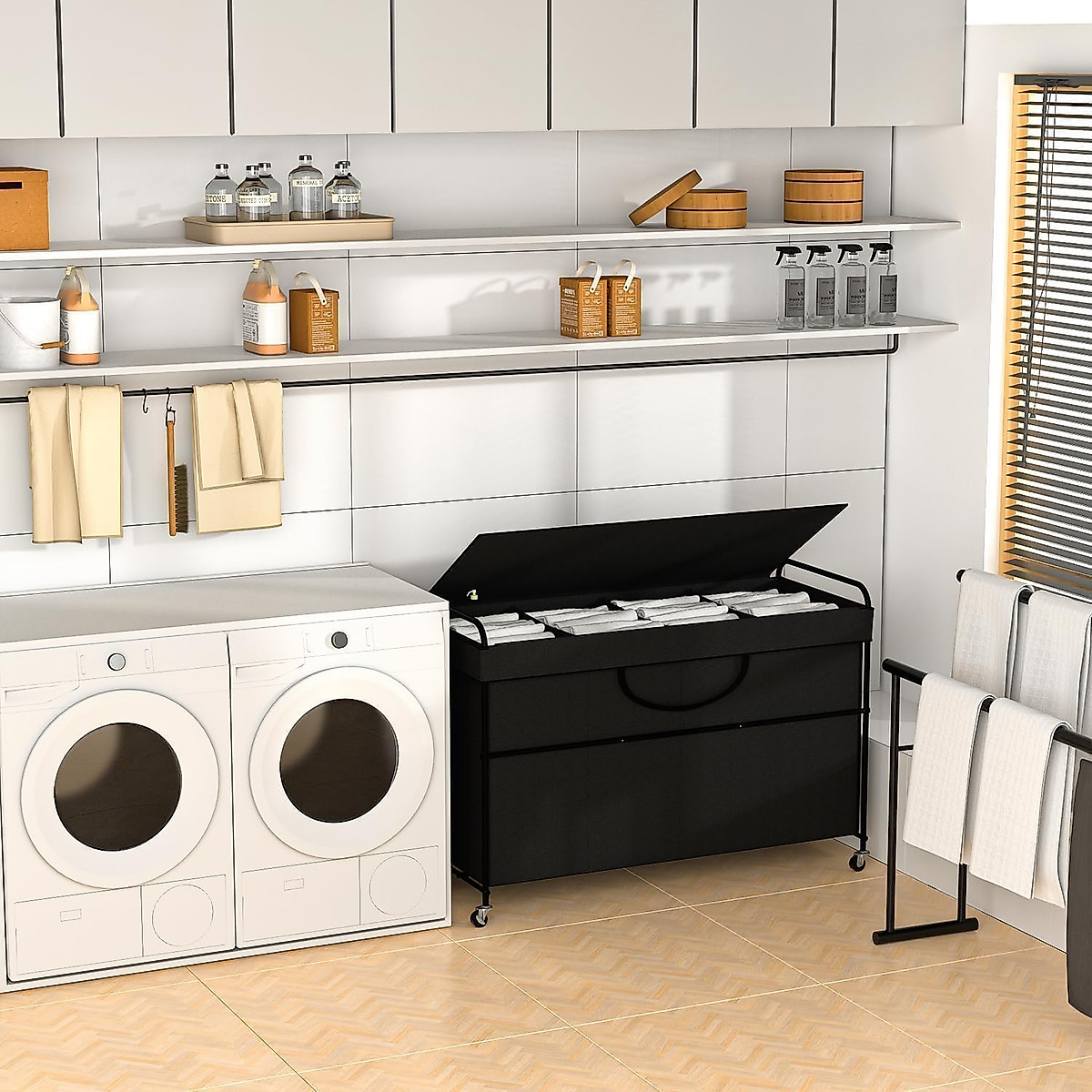 YKDIRECT 240L Large Laundry Hamper, 4 Compartment Laundry Basket with Lid, Removable Bag & Metal Structure with Industrial Wheels, Suitable for Bathroom, Dorm Room, Laundry Room (Black, 240L)