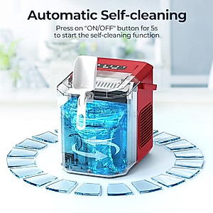ZAFRO Ice Makers Countertop, 9 Cubes Ready in 6 Mins, Self-Cleaning Ice Machine with Detachable Double Handle and Anti-Hollowing Basket, 2 Size of Bullet Ice for Home Kitchen Office Bar Party, Red