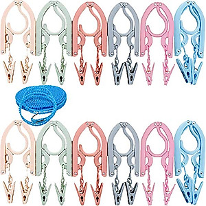Travel Hangers with Clips Portable Folding Clothes Hangers with 1 pcs Clothesline 12 pcs with 24 pcs Hanger Clips for Scarves Suits Trousers Pants Shirts Socks Underwear Travel Home Foldable Clothes