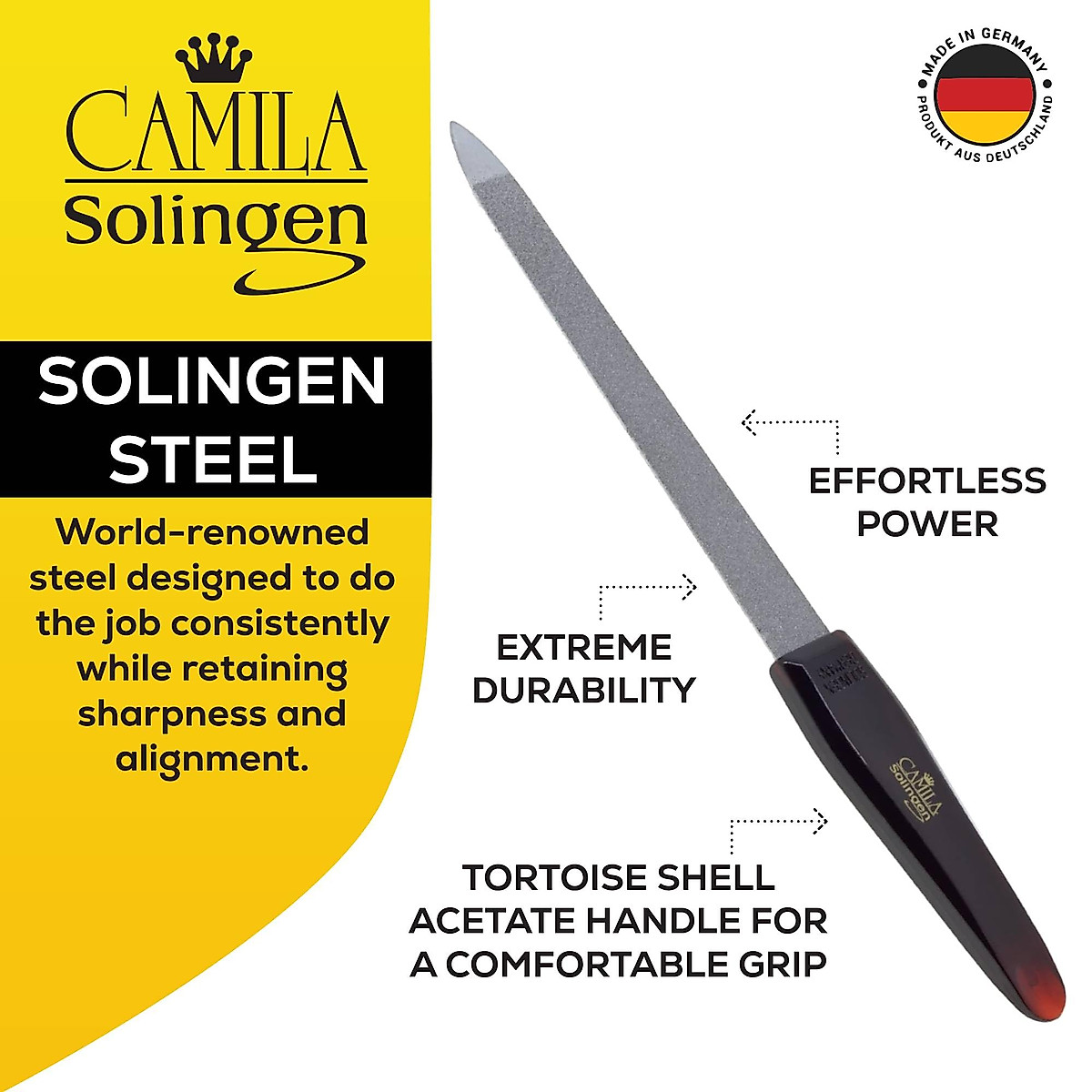 Camila Solingen CS19 8" Large Professional Sapphire Metal Nail File Pointed for Fingernail and Toenail Care. Double Sided Coarse Fine for Manicure / Pedicure. Made of Stainless Steel, Solingen Germany
