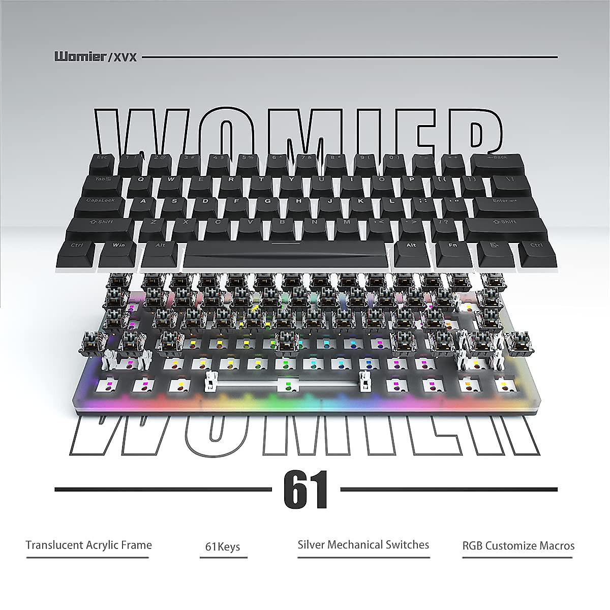 XVX Womier K61 60% Mechanical Keyboard with PBT Pudding keycap, Hot Swappable Keyboard, Partitioned RGB Keyboard, Dark Phoenix for PC PS4 Xbox (Black, 61 Keys, Silver Switch)