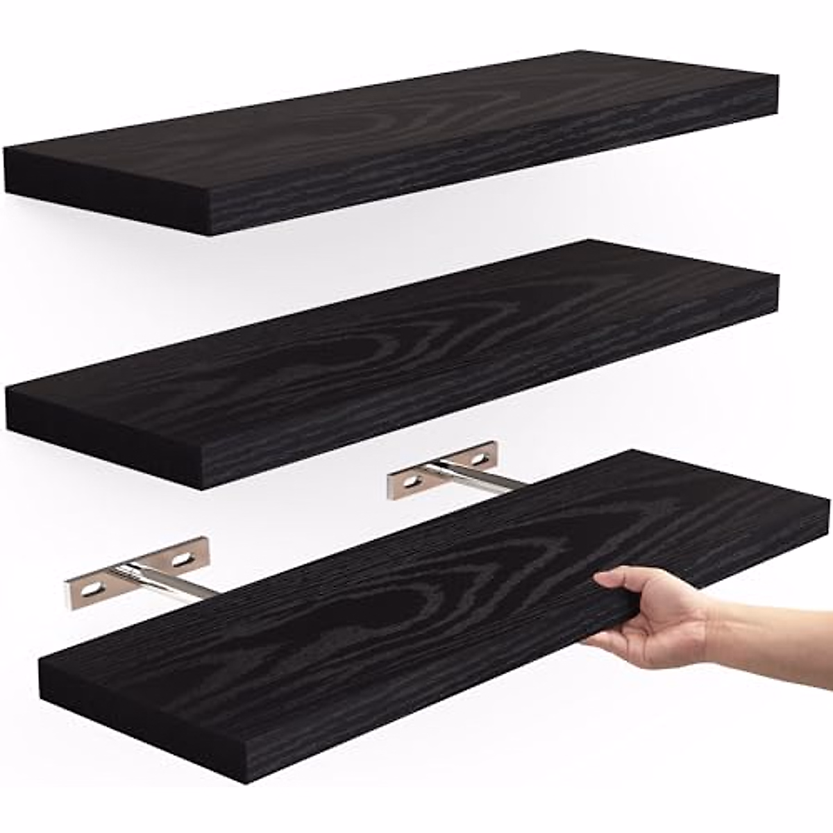 BAYKA Floating Shelves, Wall Mounted Rustic Wood Shelves for Bathroom, Bedroom, Living Room, Kitchen, Small Hanging Shelf for Books/Storage/Room Decor with 22lbs Capacity (Black, Set of 3, 16in)