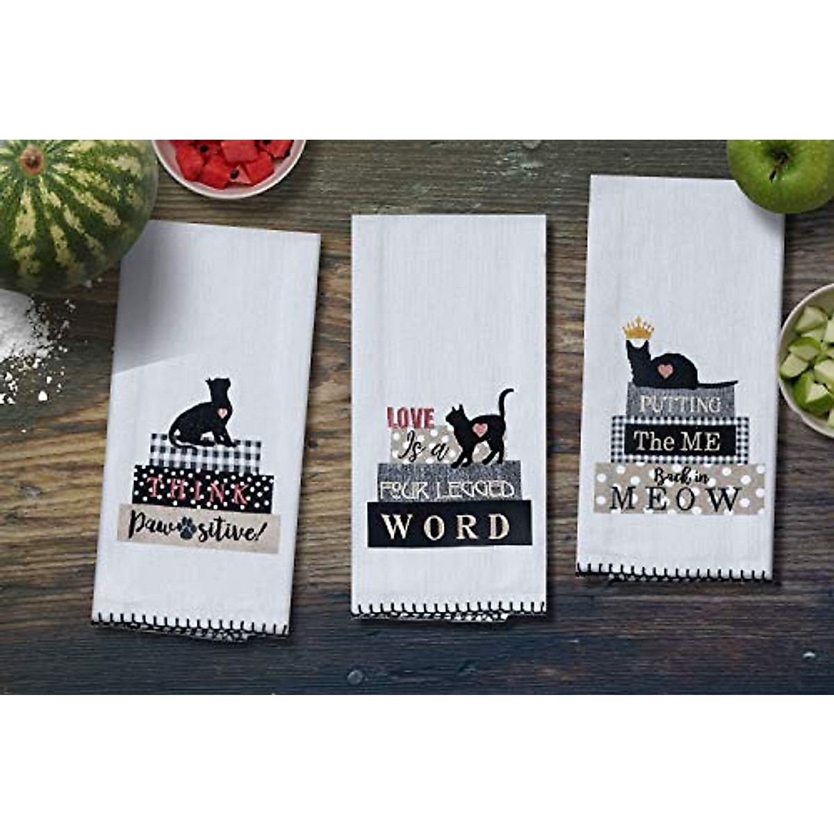 18TH STREET GIFTS Cat Kitchen Towels, Set of 3 Embroidered Dish Towels and Dishwasher Magnet - Cat Kitchen Accessories