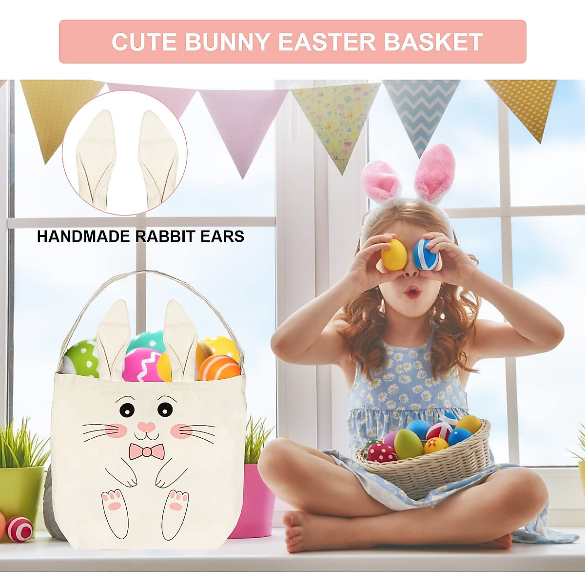Bunny Easter Basket For Kids, Large Kids Easter Basket With Handle, Personalized Easter Basket For Girls Boys, Canvas Easter Baskets Empty With Foldable Bunny Ears Pink