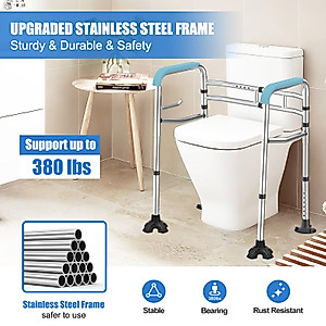 UGarden Upgraded Toilet Safety Rail, 380LB Stainless Steel Toilet Frame with Non-Slip Handles & Paper Holder, Adjustable Detachable Handicap Toilet Rails, Foldable Toilet Support Frame for Elderly