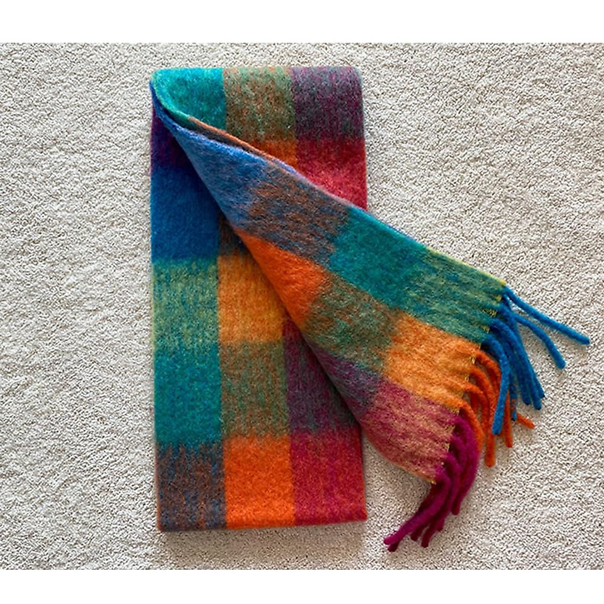 OUNIYA Large Chunky Plaid Scarf Checked Colorful Oversized Scarves Soft Big Cashmere Wool Thick Winter Warm Blanket Women (rainbow)