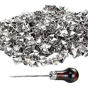TUZAZO 500 Pieces 10 mm Square Pyramid Studs for Clothing Bag Leather Shoes Punk Rock Jewelry Craft, 4 Prong Metal Nailhead Studs Spikes Accessories with Awl (Silver)