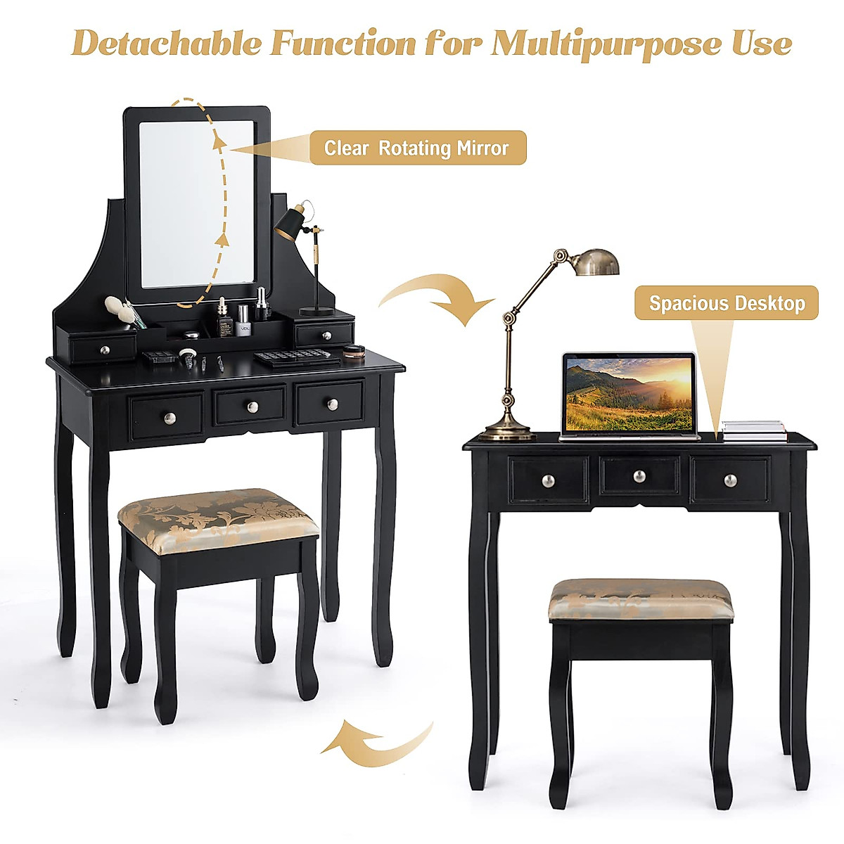 COSTWAY Vanity Desk Set with Mirror, Vanity Desk and Cushioned Stool Set with 5 Storage Drawers, Makeup Dressing Table for Bedroom Women Girls (Black)