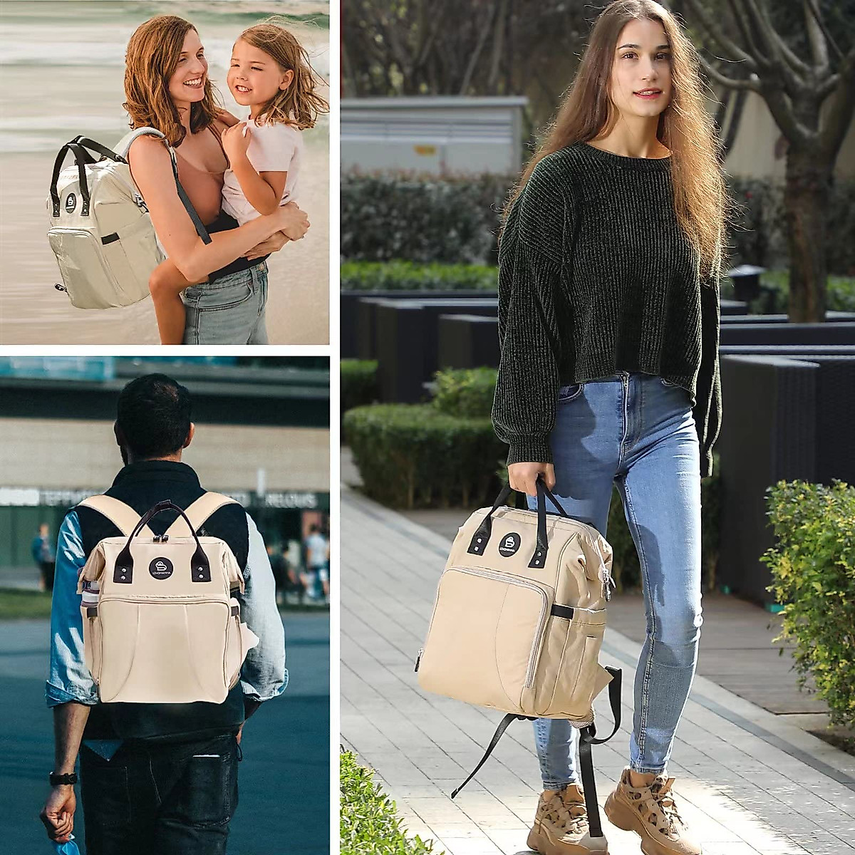 LOVOMAMMA Baby Diaper Bag Tote: Crossbody Diaper Bags with Insulated Pockets,Large Capacity Travel Diaper Tote for Baby Girls (beige)