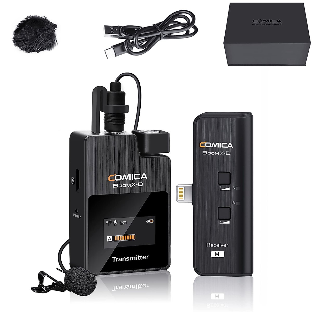 comica BoomX-DMI1 Wireless Lavalier Lapel Microphone for iPhone iPad, Plug & Play 2.4GHz Lapel Mic with Real-time Monitoring for TikTok YouTube Facebook Live Stream Vlogging Video Recording.