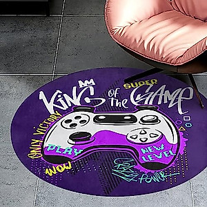 HoaMoya Cool Game Joystick Round Area Rug Purple Game Doodle Circle Rug Carpet Large Circular Rugs Non-Slip Mat for Kitchen Living Room Bedroom Decoration 90 * 90cm