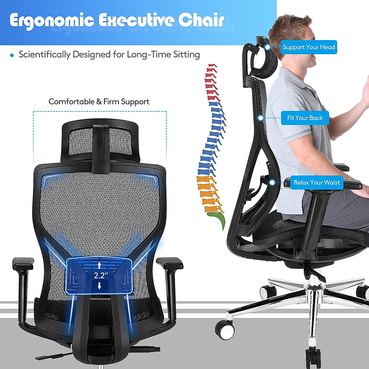 Giantex Ergonomic Office Chair, High-Back Mesh Executive Chair, with Adjustable Headrest, 3D Armrest, Lumbar Support, Reclining Backrest, Swivel Home Desk Chair, Computer Task Chair
