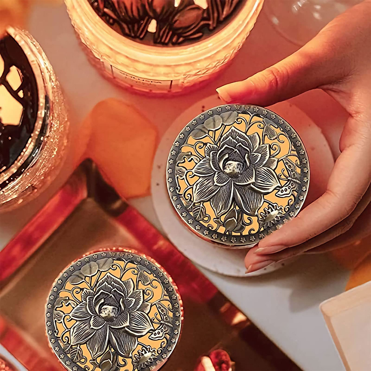 GORGECRAFT 2PCS Candle Cover Topper Lotus Scented Candles Cover Bronze Flowers Lid Jar Candles Bronze Alloy Candle Toppers Jar Shade Sleeves Accessories to Burn Evenly for Jar Candles Melt Space