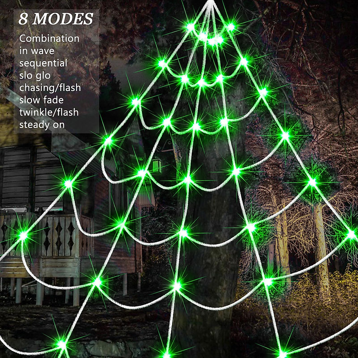 Outdoor Solar Powered Halloween Decorations Spider Web Lights, 14.8 x 16.4 FT Triangular White Spider Web with 135 LED Green Lights, Large Size Solar Halloween Decor