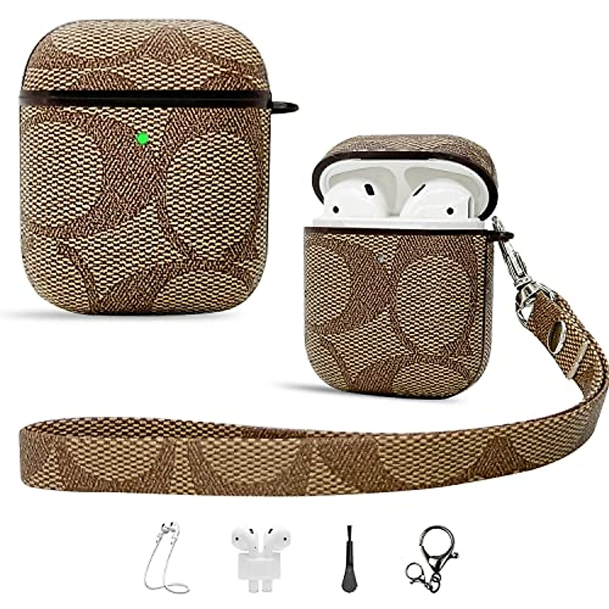 Case for AirPods 2&1 Case,6 in 1 Fashion Luxury PU Shockproof Anti-Slip Protective Cover Accessories Set for Airpods 2/1 Charging Case with Keychain/Ear Hook/Watch Band Holder/Anti-Lost Strap(Brown)