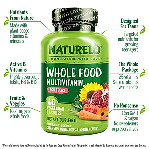 NATURELO Whole Food Multivitamin for Teens - Vitamins and Minerals for Teenage Boys and Girls - Supplement for Active Kids - with Organic Whole Foods - Non-GMO - Vegan & Vegetarian - 60 Capsules