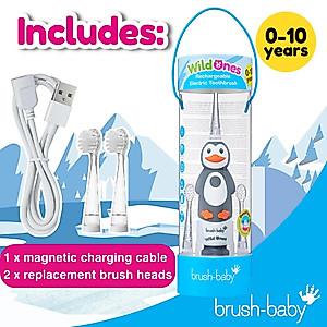 brush-baby WildOnes Kids Electric Rechargeable Toothbrush Penguin, 1 Handle, 3 Brush Heads, USB Charging Cable, for Ages 0-10 (Penguin)