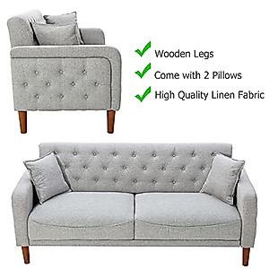 Aoowow Linen Fabric Sofas and Couches 78 Inches Long, Mid Century Modern Couch Tufted Back Sofa with 2 Throw Pillows, Armrest and Wooden Legs for Living Room, Apartment, Bedroom (Grey)