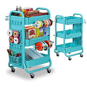 DESIGNA Heavy Duty 3-Tier Metal Rolling Cart,Utility Storage Cart With DIY Pegboard,Craft Art Carts Trolley Organizer with Handle and Extra Office Storage Accessories for Kitchen Office Home,Turquoise