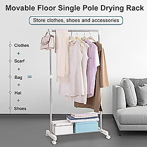 BAOYOUNI Single Rod Clothing Garment Rack on Wheels Metal Rolling Clothes Display Hanging Rail Coat Stand Storage Holder Organizer, Height Adjustable (Ivory)